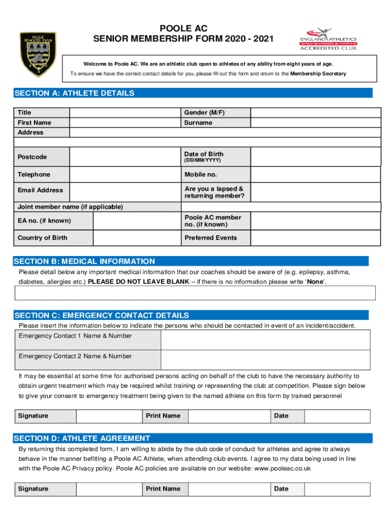 Fillable Online pooleac co Poole Athletic Club (Poole AC) Social Page ...