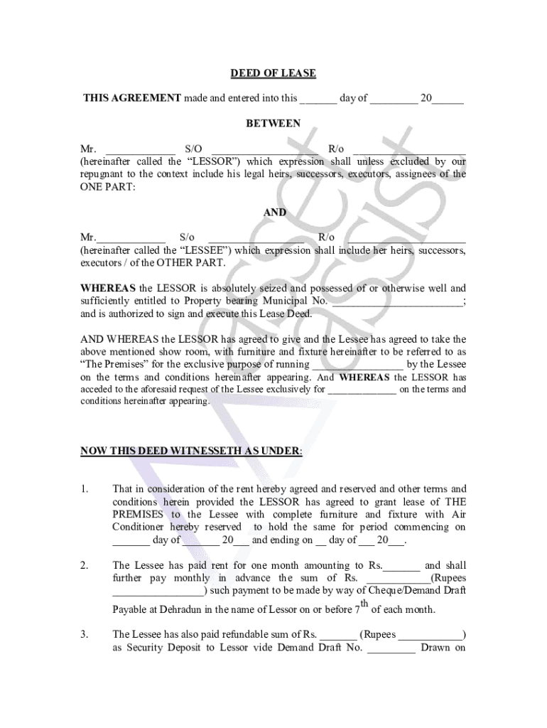 Fillable Online DEED OF LEASE THIS AGREEMENT made and entered ... Fax ...