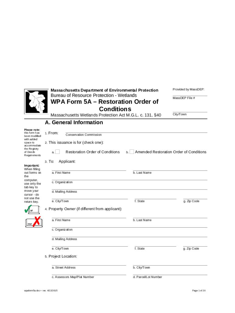 WPA 5ARestoration Order of Conditions Doc Template | pdfFiller