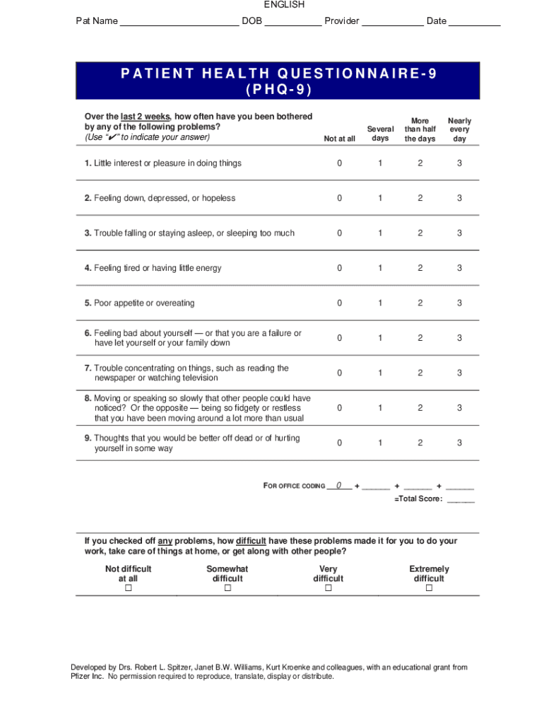 Fillable Online Patient Health Questionnaire (PHQ-9) - The Kids Clinic ...