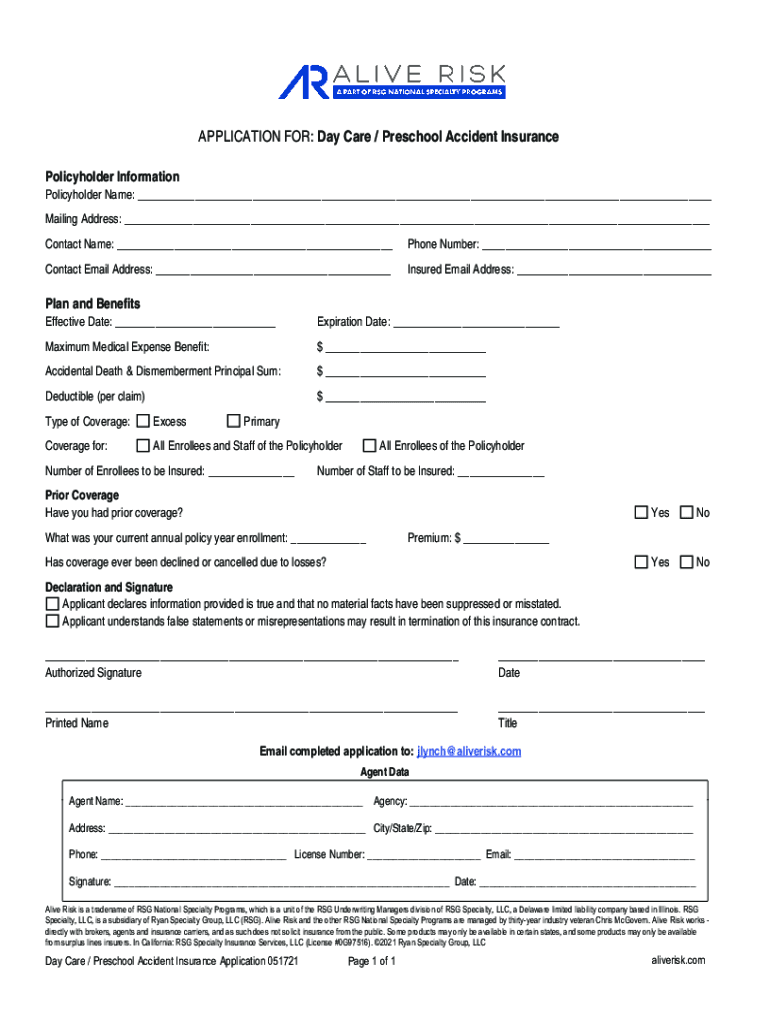 Fillable Online Day Care / Preschool Accident Insurance Application Fax Email Print - pdfFiller