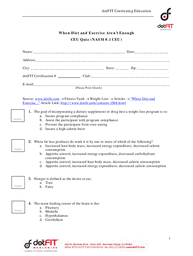 Fillable Online Fillable Online DotFIT Continuing Education CEU Quiz ... Fax Email Print - pdfFiller