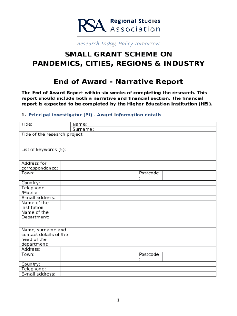 Small Grant Scheme on Pandemics, Cities, Regions & Industry ... Doc Template | pdfFiller