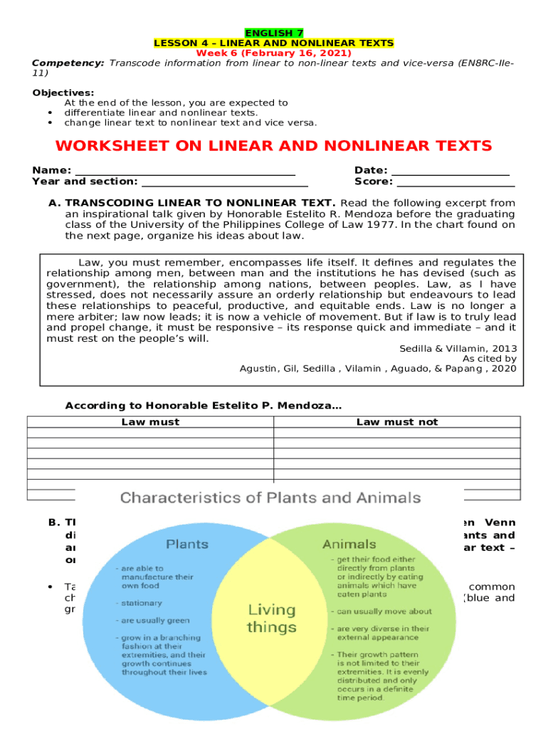 worksheet on linear and nonlinear texts Doc Template | pdfFiller