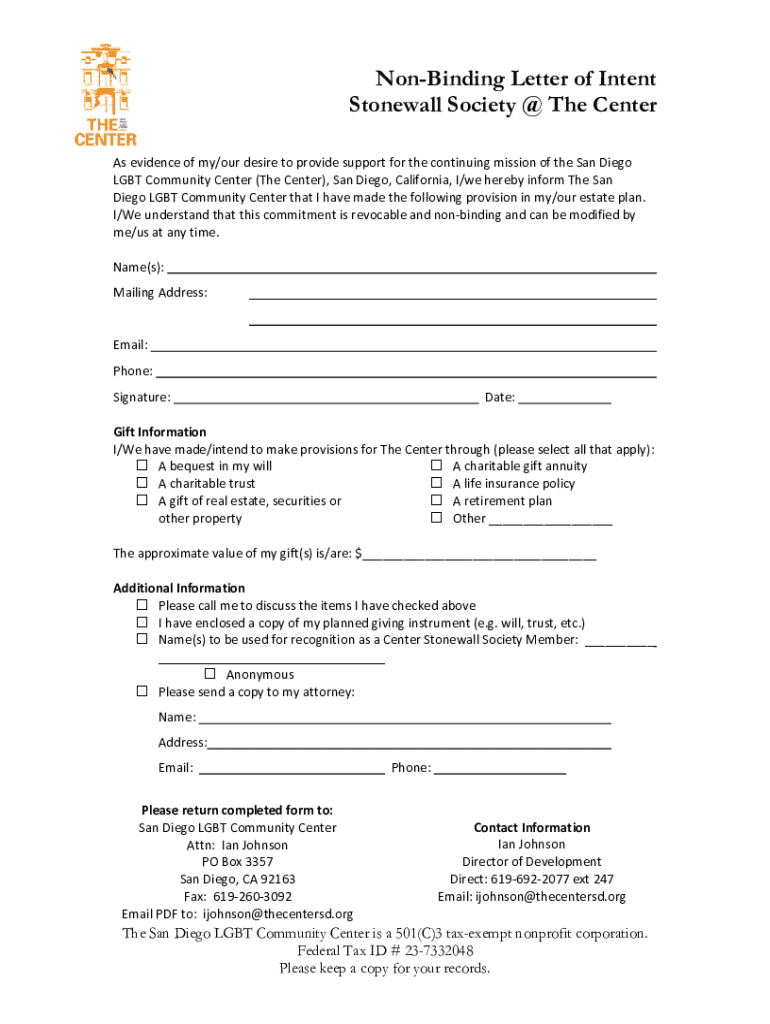 Fillable Online Non-Binding Letter of Intent Stonewall SocietyThe ...