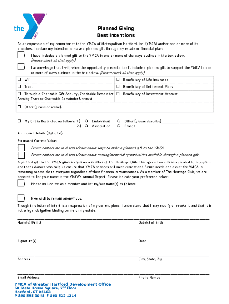 Fillable Online The YMCA of Greater Hartford - Planned Giving Fax Email ...