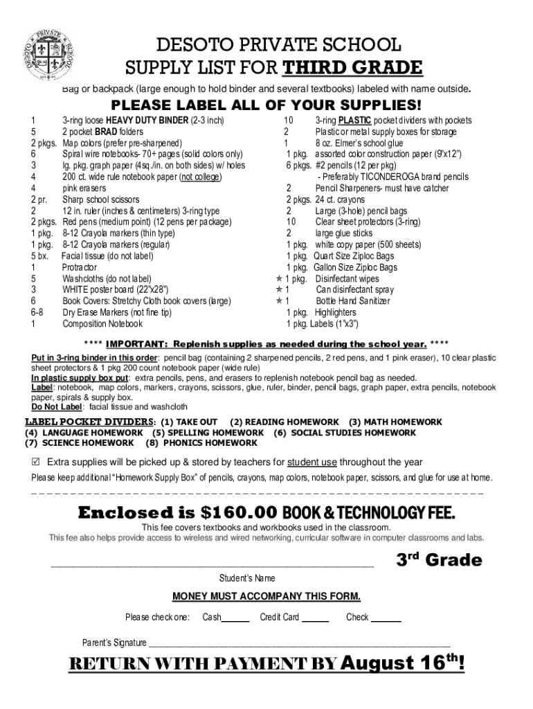 Fillable Online desoto private school supply list first & second grade Fax Email Print - pdfFiller