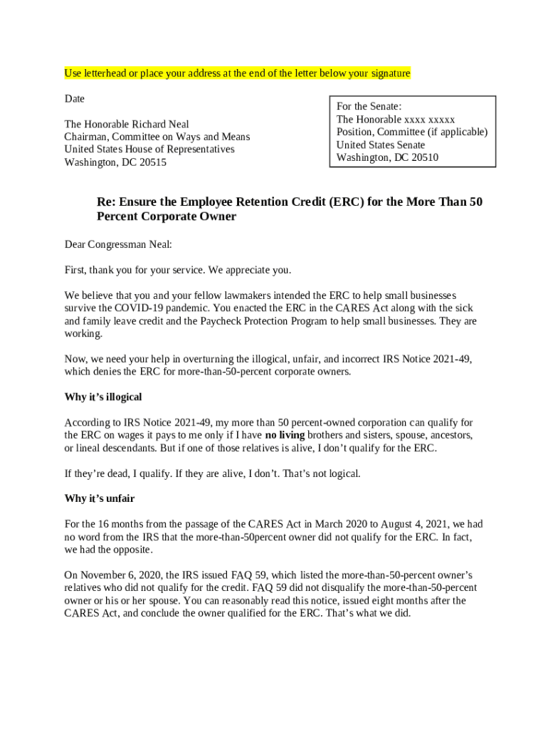 Neal Sends Letter to IRS Regarding 6103 Request Doc Template | pdfFiller