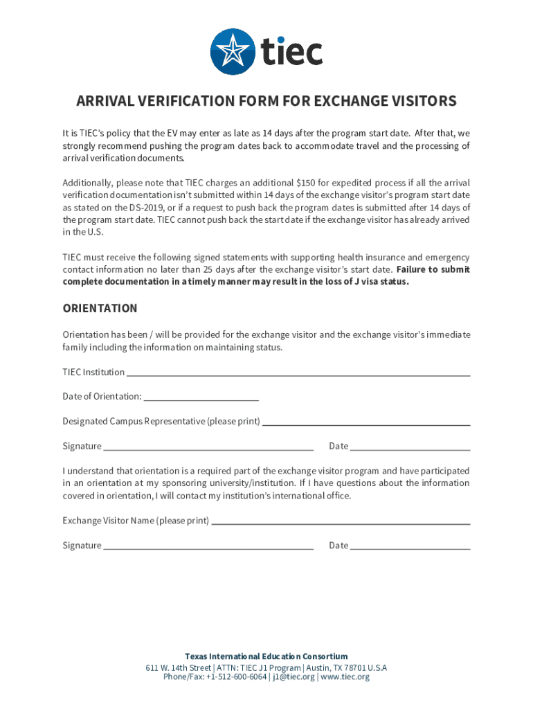 Fillable Online Exchange Visitor Program Arrival Verification Form Fax ...