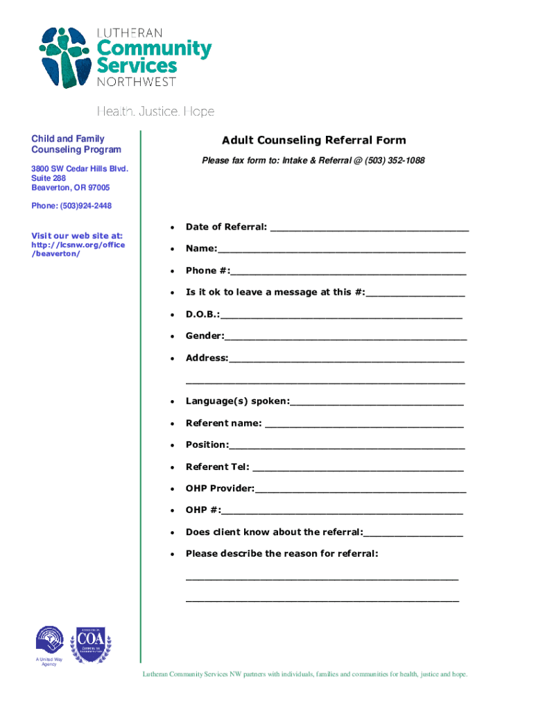 Fillable Online Adult Counseling Referral Form Fax Email Print - pdfFiller