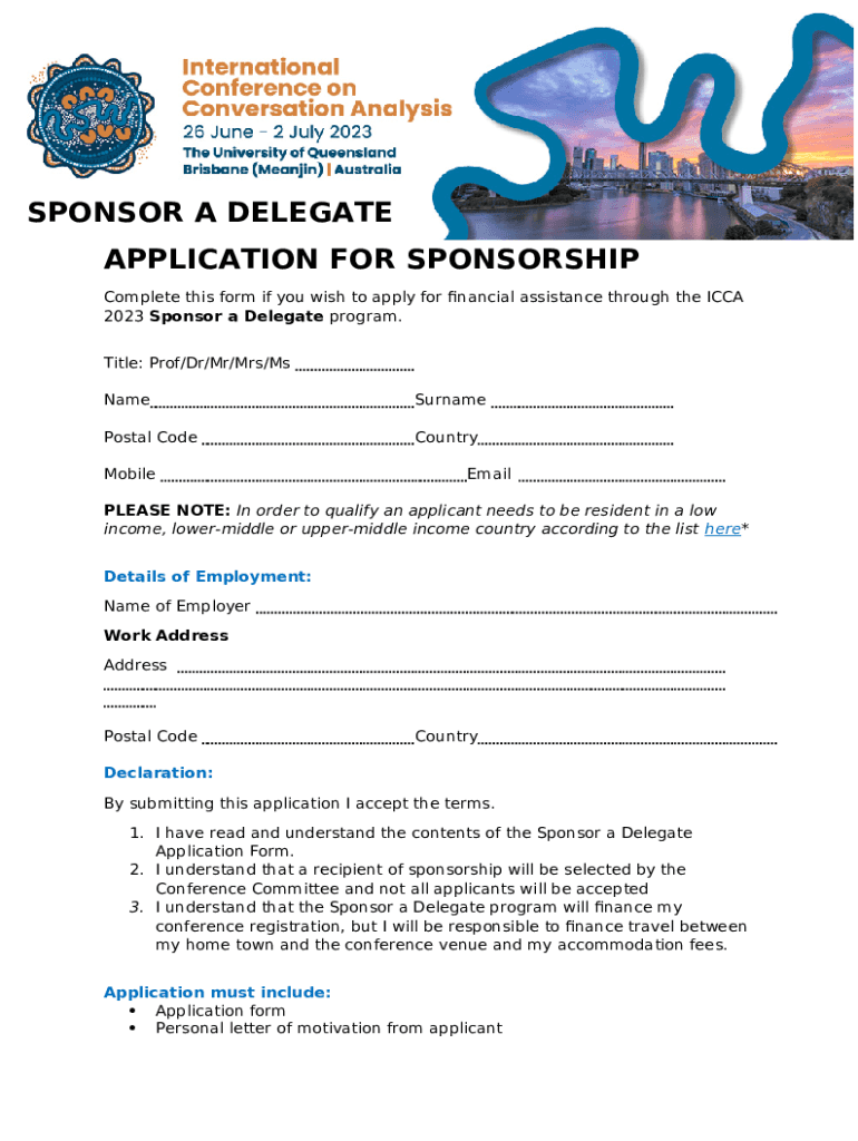sponsor a delegate progrm application for sponsorship Doc Template | pdfFiller