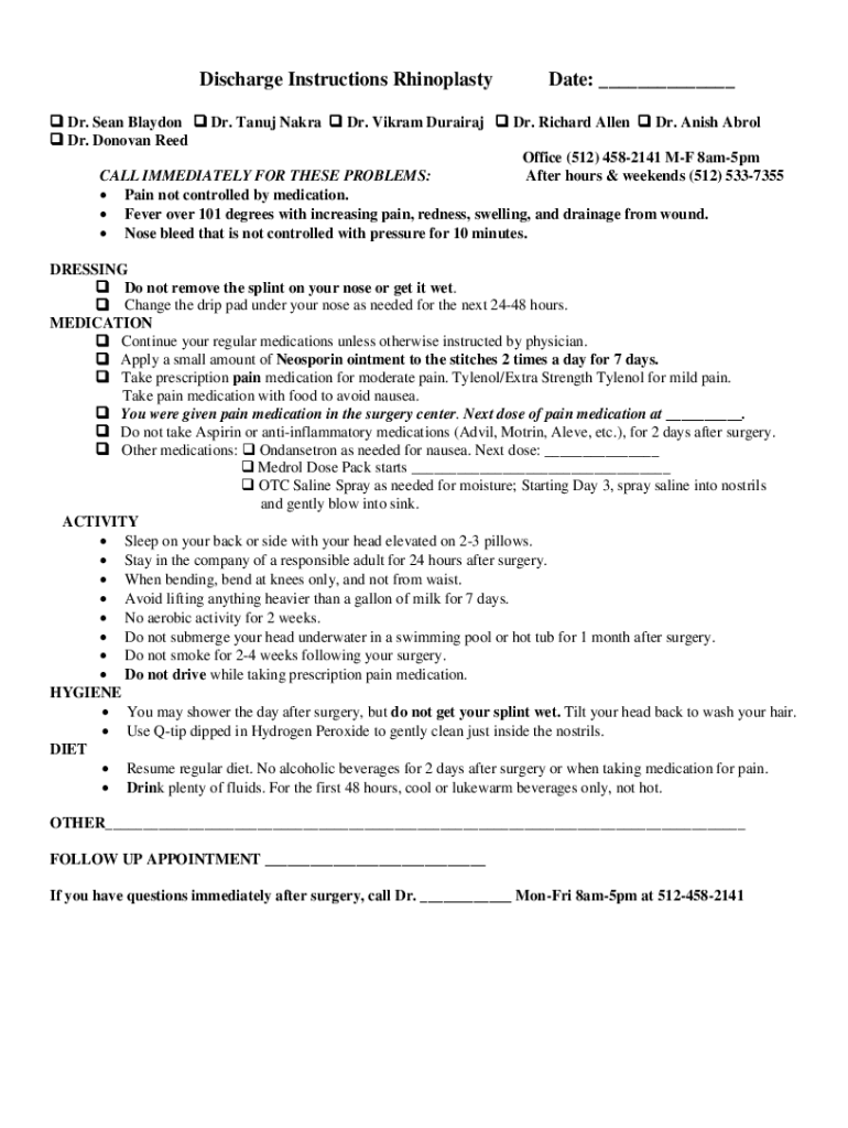 Fillable Online Discharge Instructions Facial Implants Fax Email Print - pdfFiller