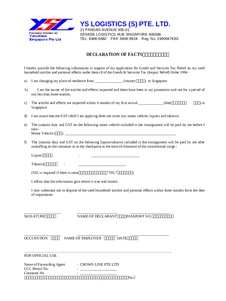 declaration of facts to singapore customs for gst relief on ... Doc ...