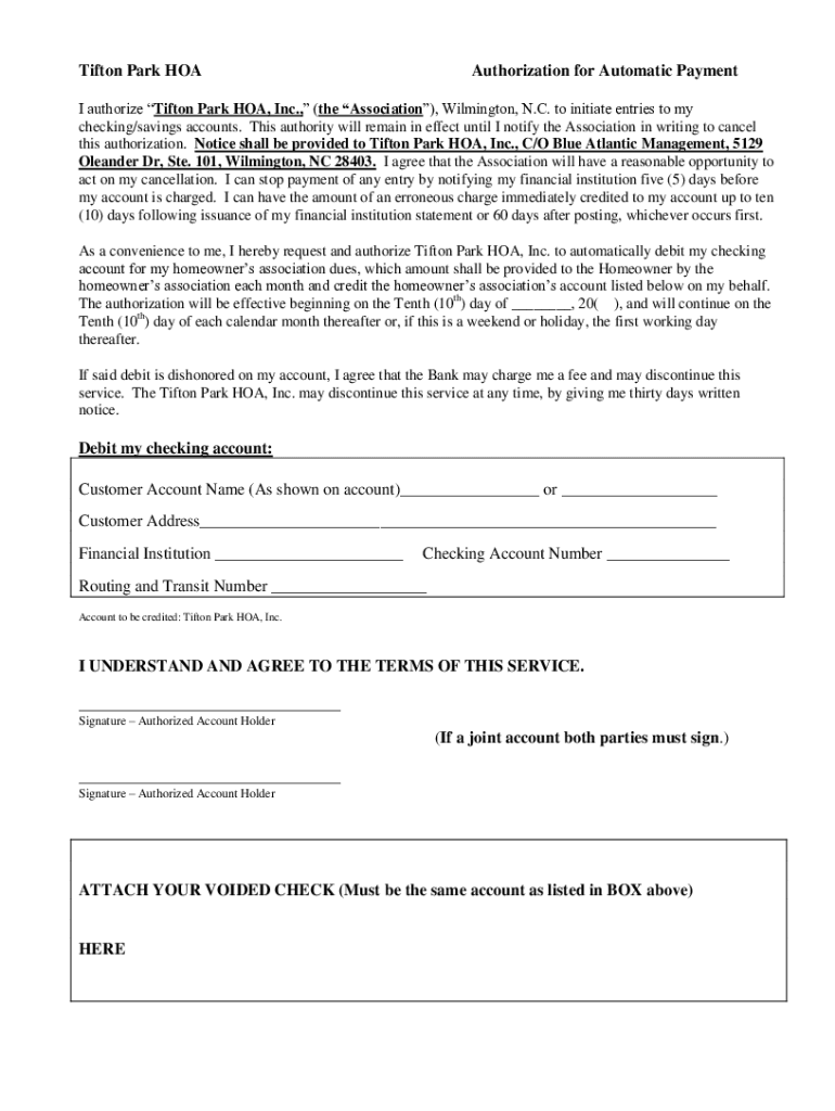 Fillable Online Tifton Park HOA Authorization for Automatic Payment Fax Email Print - pdfFiller
