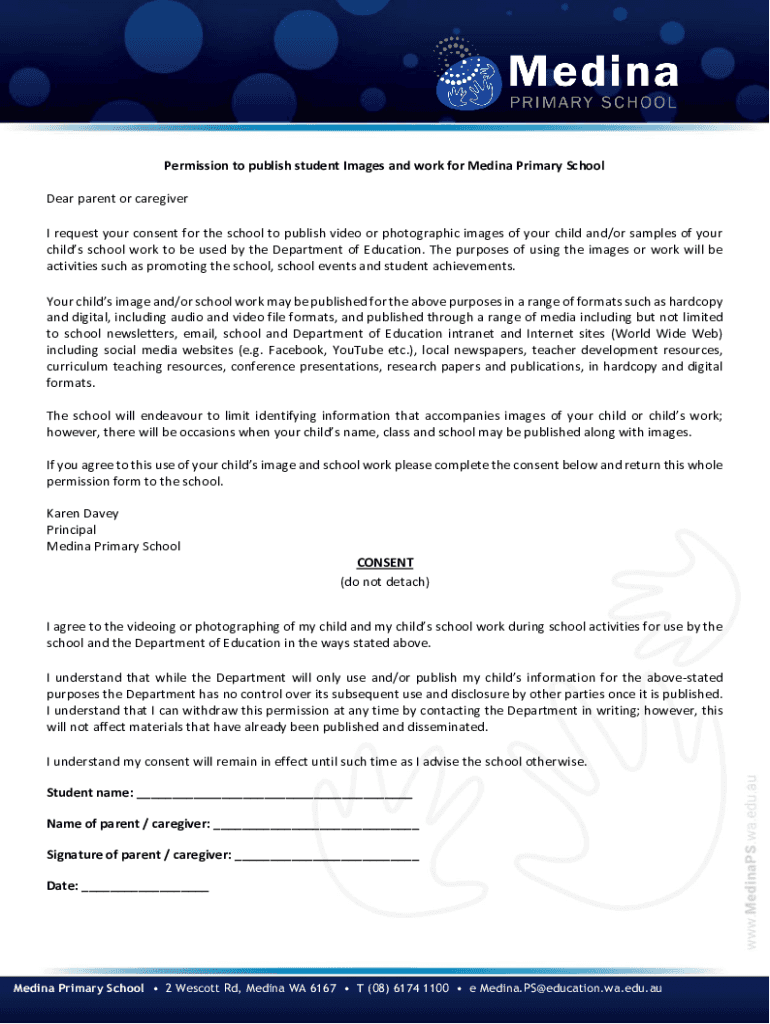 Fillable Online Permission to publish student Images and work for ...