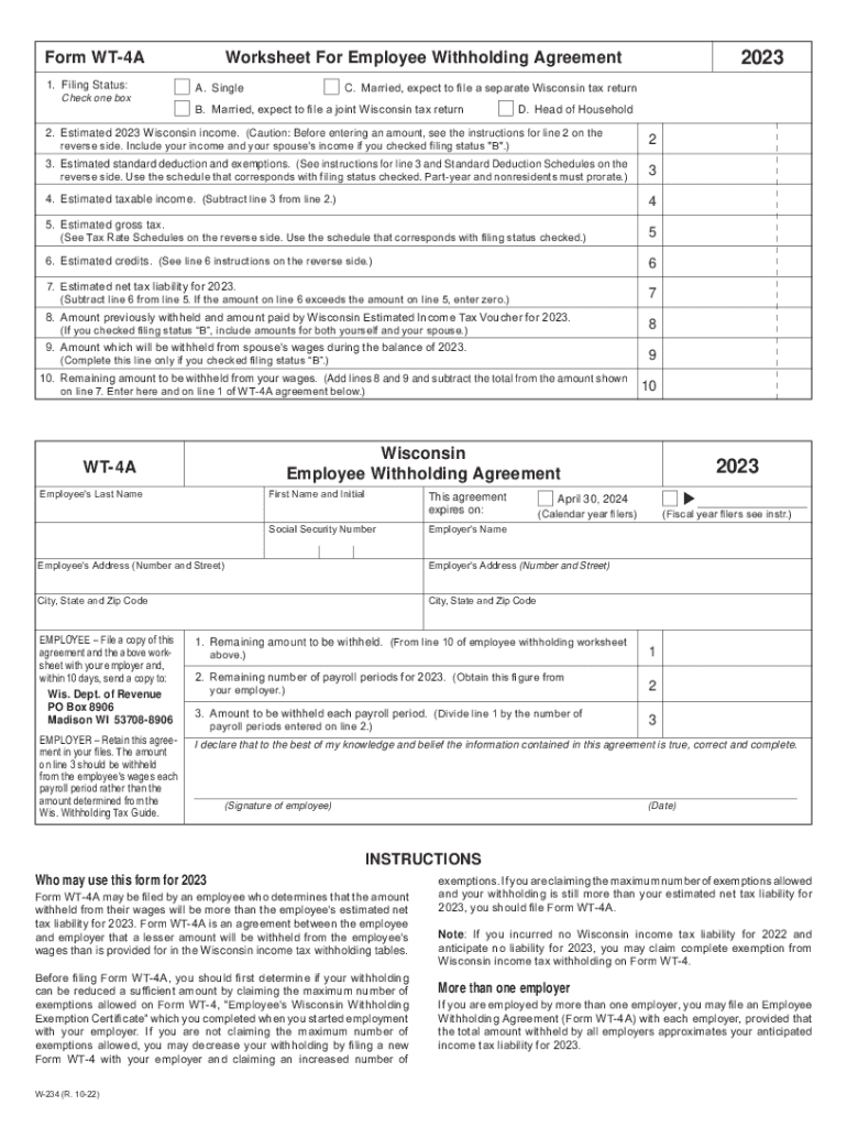 Fillable Online 2023 W-234 Form WT-4A, Worksheet for Employee Withholding Agreement (fillable ...