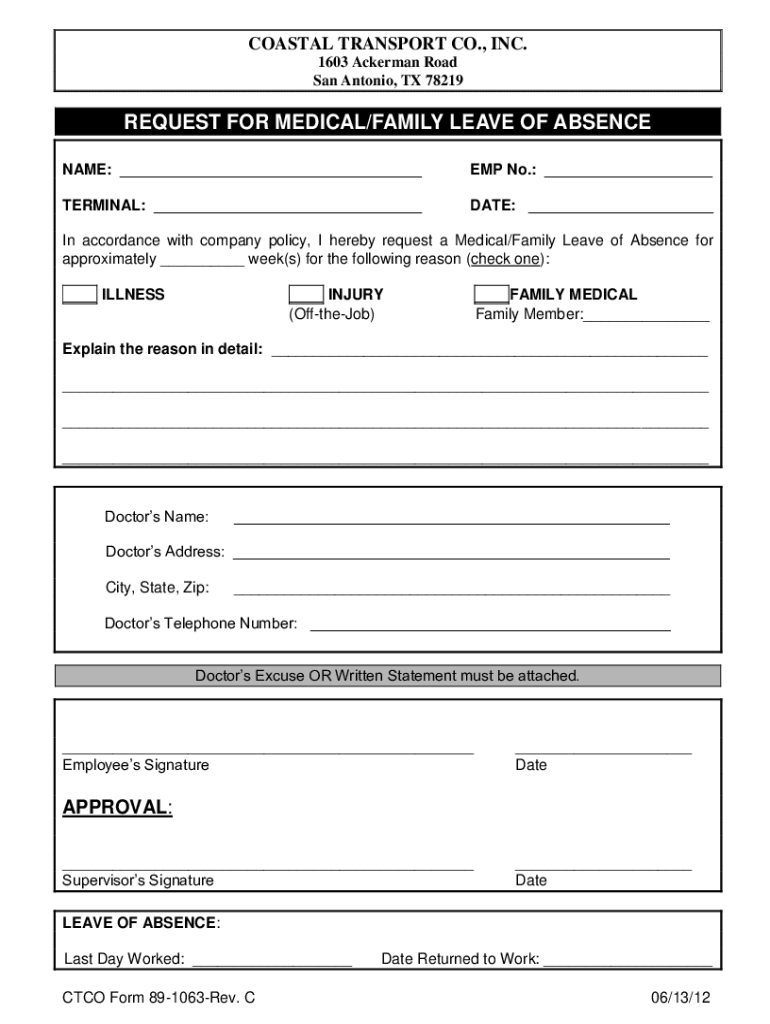 Fillable Online Request for Medical/Family Leave of Absence Fax Email ...
