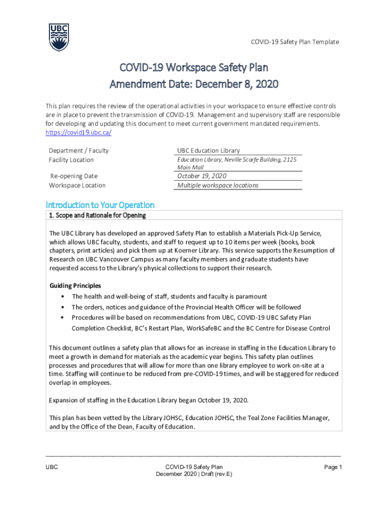 Fillable Online educ sites olt ubc COVID 19 Reopening Action and Safety ...