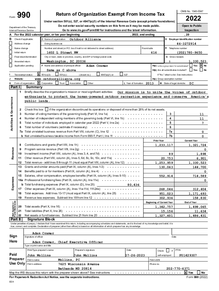 Fillable Online 2022 Federal Tax Return Documents (Outdoor Alliance ...