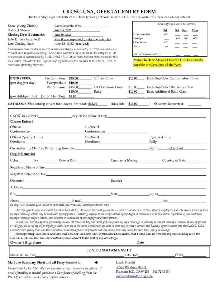 Fillable Online Fillable Online CKCSC, USA, OFFICIAL ENTRY FORM The term ... Fax Email Print ...
