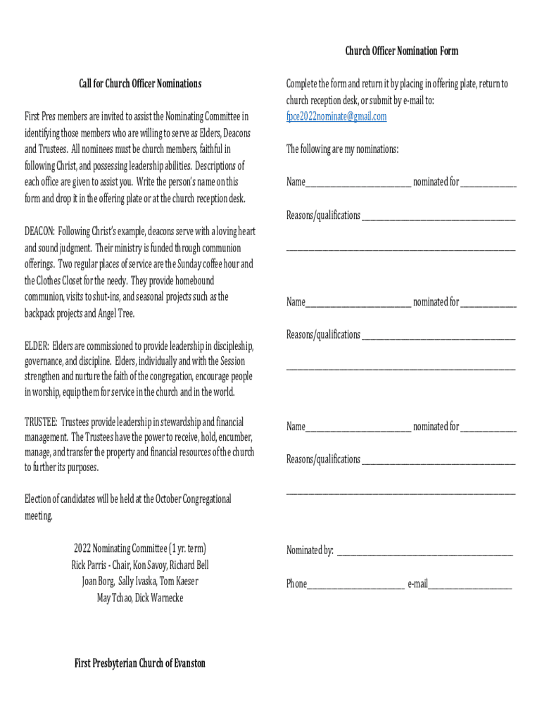 Fillable Online Church Officer Nomination Form Fax Email Print - pdfFiller