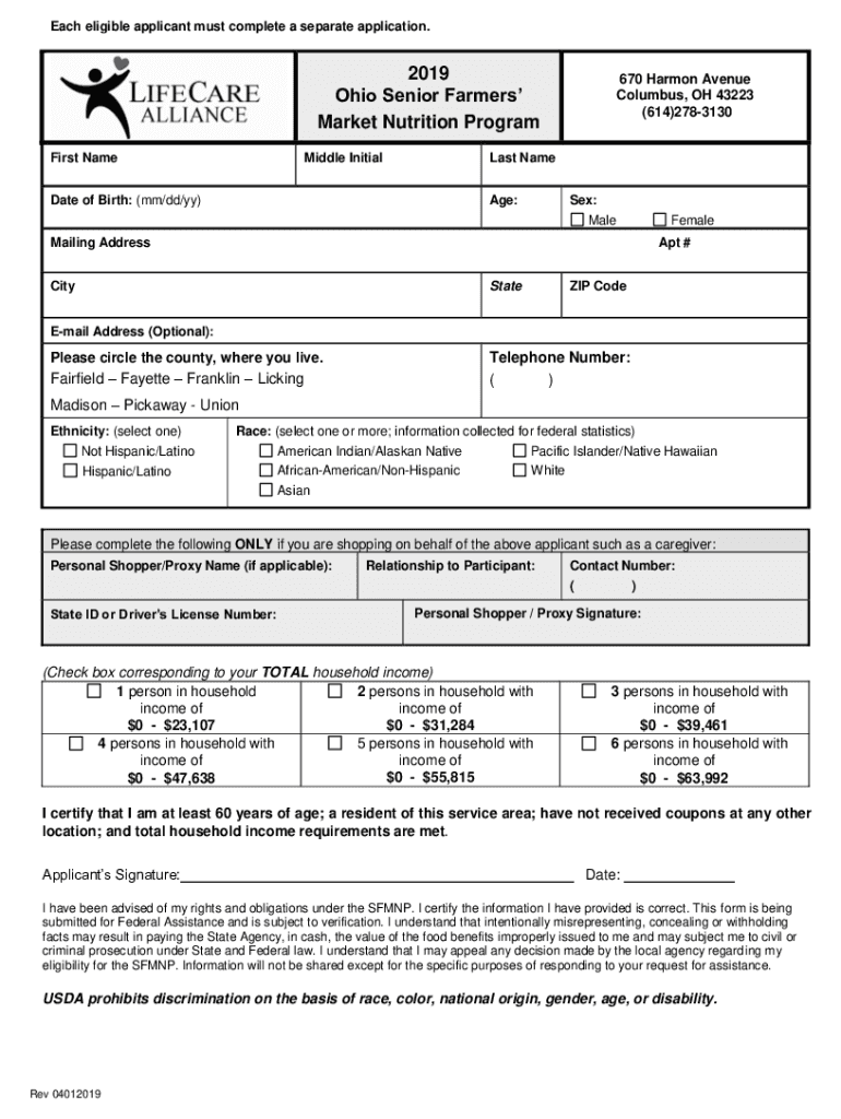 Fillable Online 2019 Ohio Senior Farmers' Market Nutrition Program Fax ...