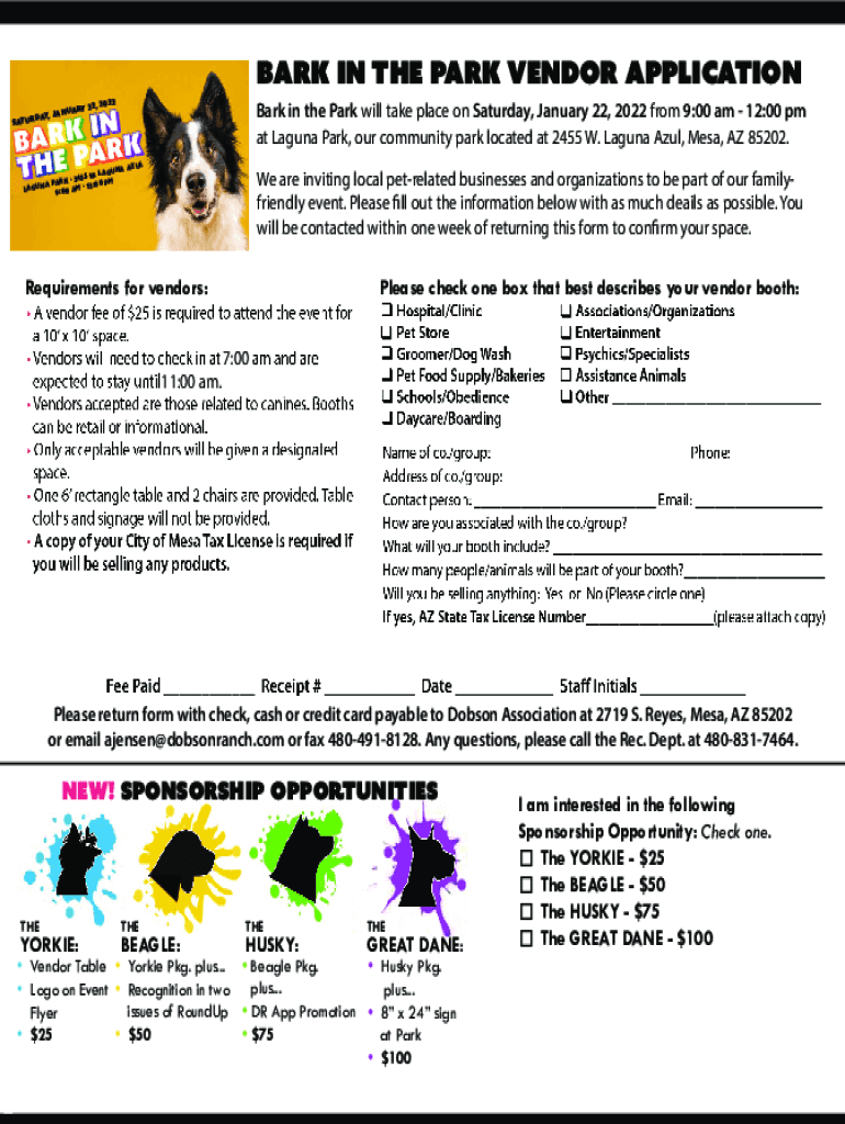 Fillable Online Bark at the Park Vendor Application Fax Email Print ...