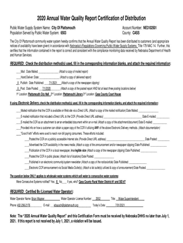 Fillable Online Annual Water Quality Report Certification of ...