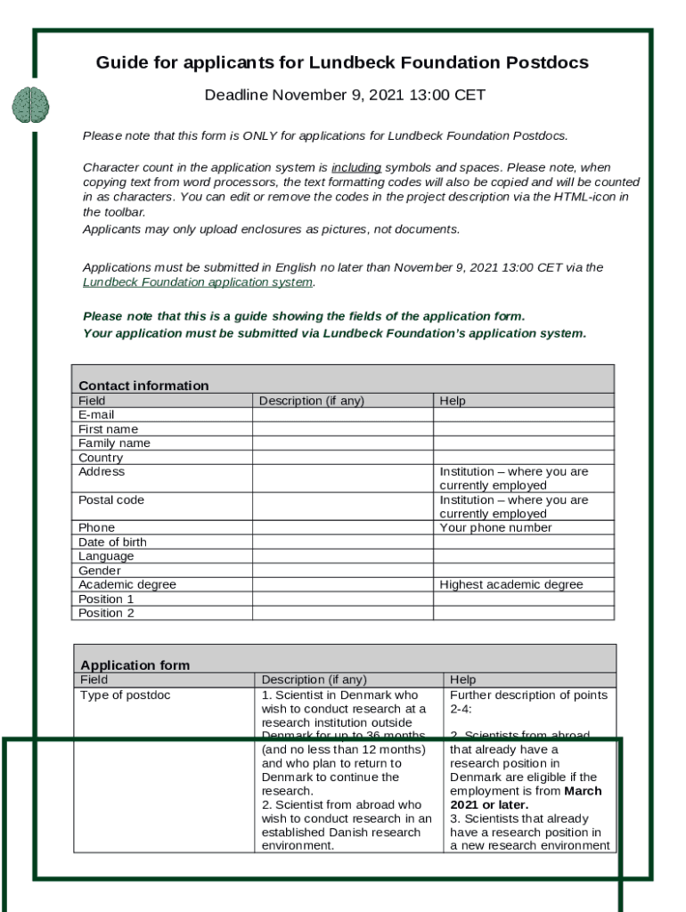 Lundbeck Foundation Research Fellowships in Denmark ... Doc Template | pdfFiller