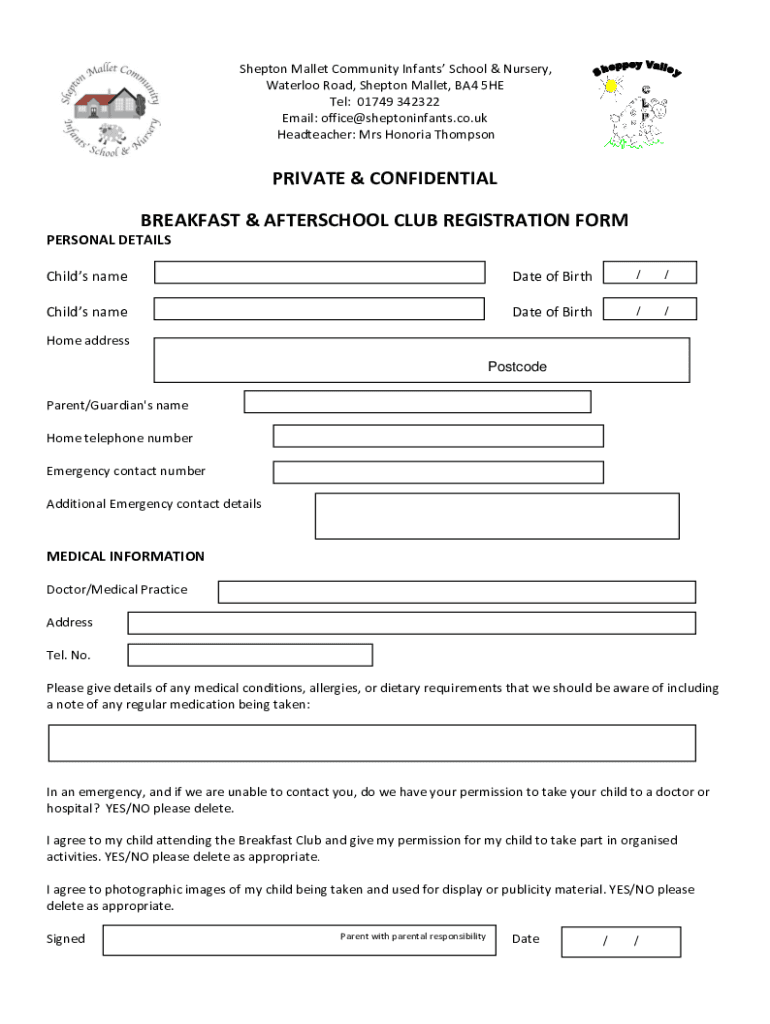 Fillable Online PRIVATE & CONFIDENTIAL BREAKFAST & AFTERSCHOOL ... Fax ...