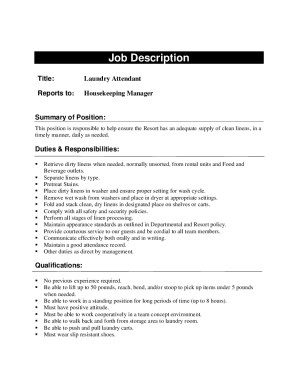Fillable Online Laundry Attendant Job Description short version to post ...