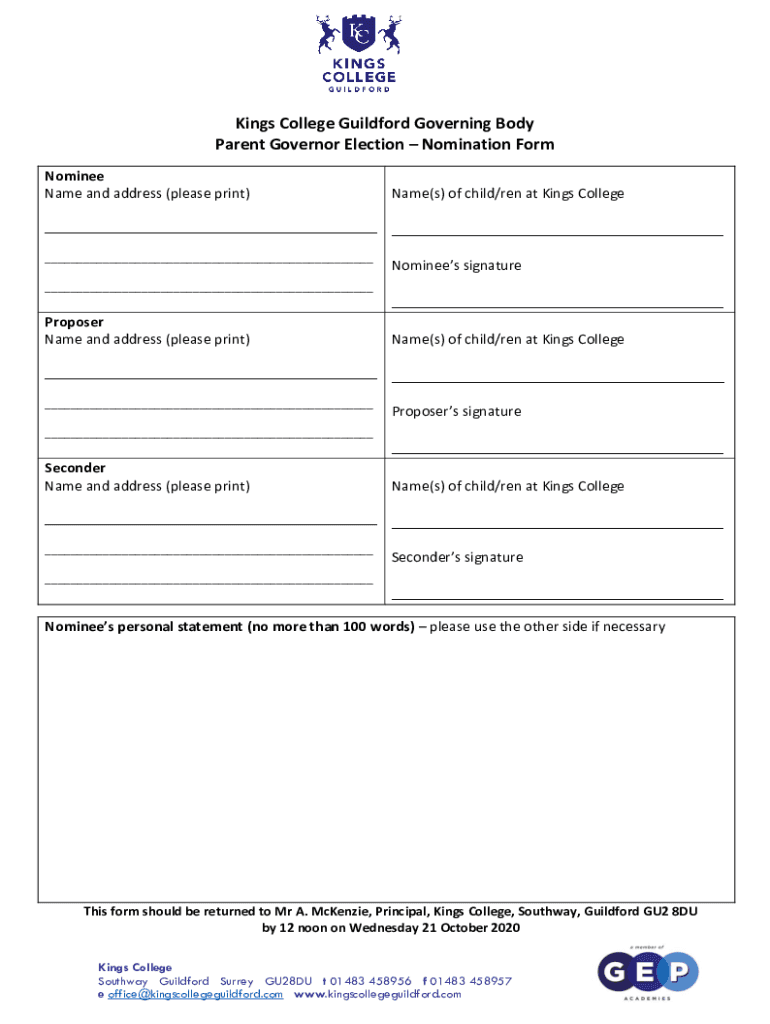 Fillable Online Parent Governor Election Nomination Form Fax Email ...