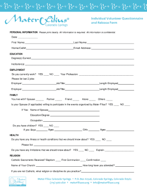 Fillable Online Individual Volunteer Questionnaire and Release Form Fax Email Print - pdfFiller