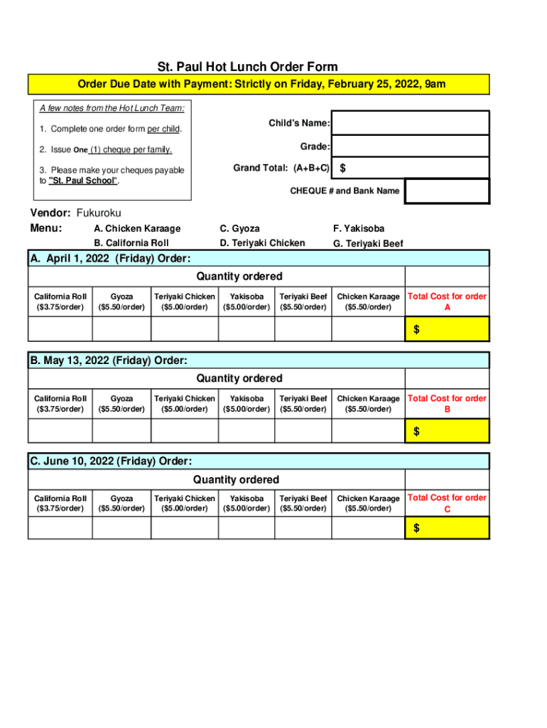 Fillable Online St. Paul Hot Lunch Order Form - St. Paul School Fax ...