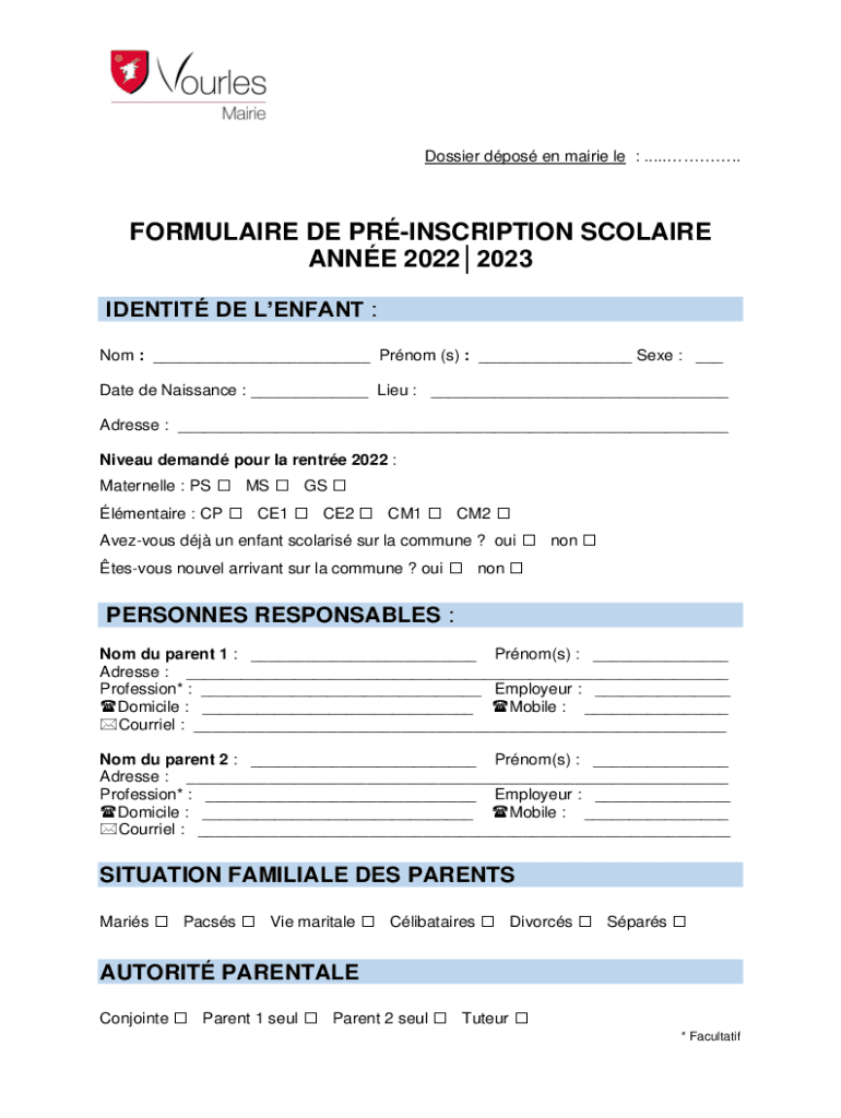 Remplissable En Ligne formulaire de pr-inscription scolaire anne 20222023 - ... Fax Email ...