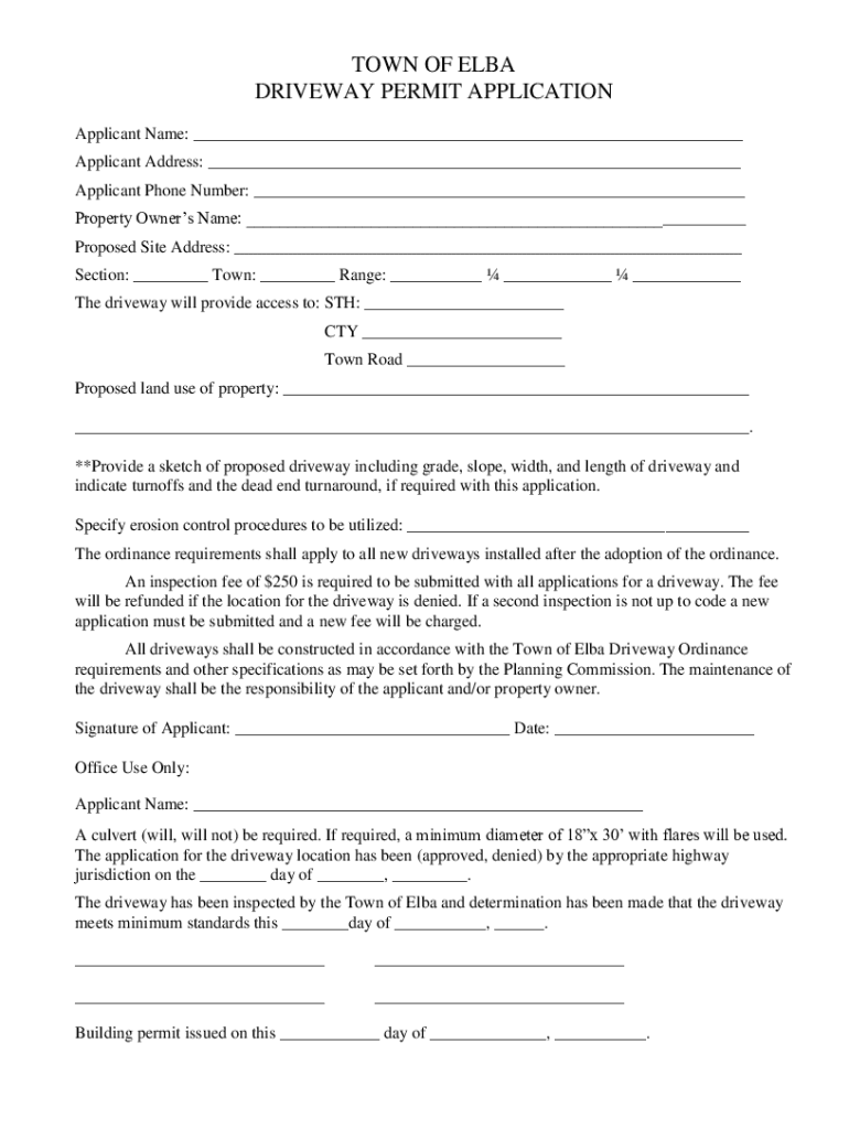 Fillable Online TOWN OF ELBA DRIVEWAY PERMIT APPLICATION Fax Email Print - pdfFiller