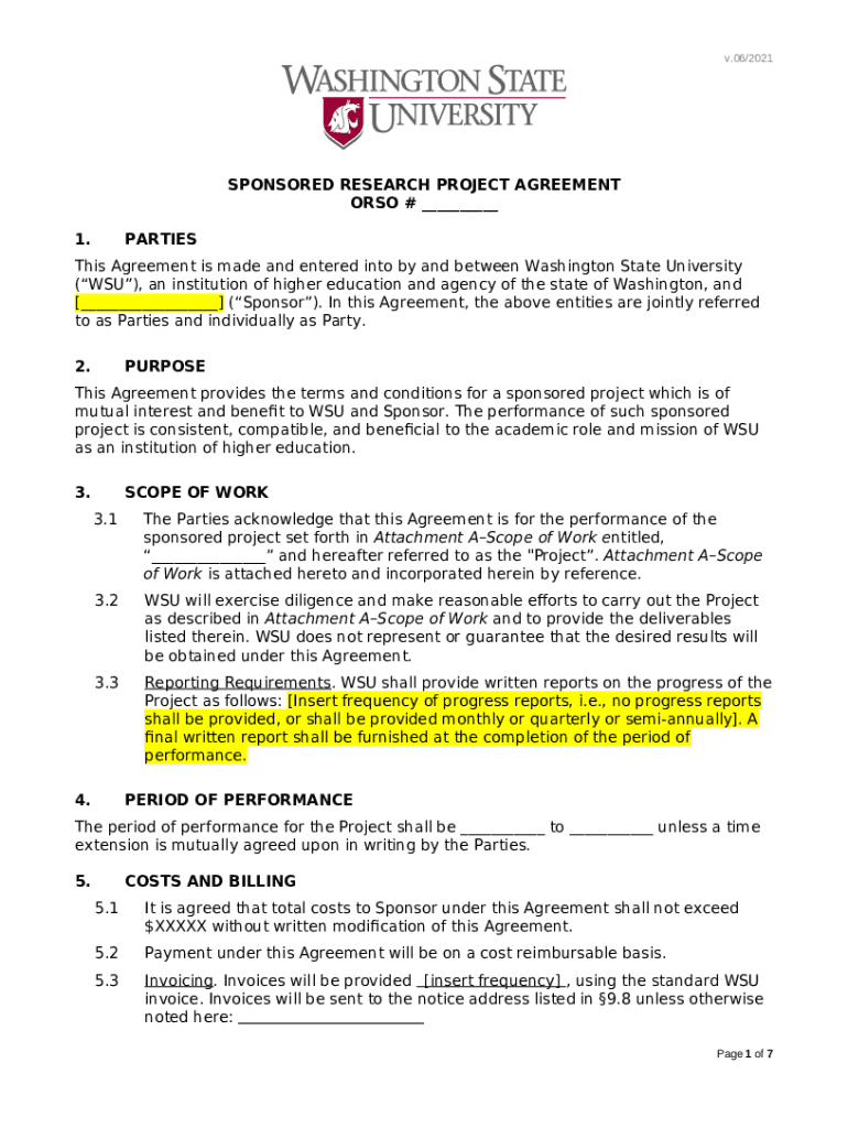 SponsorED RESEARCH PROJECT AGREEMENT Doc Template | pdfFiller