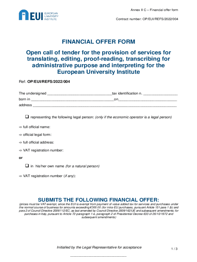 Fillable Online FINANCIAL OFFER FORM Open call of tender for the ...
