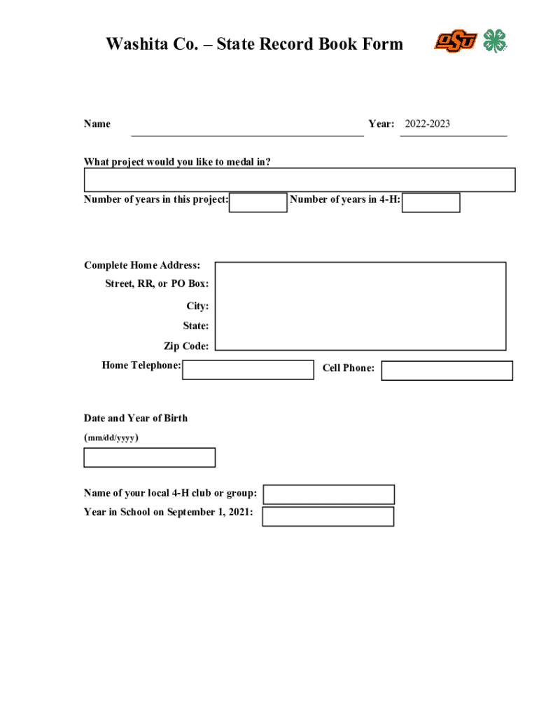 Fillable Online Washita County State Record Book Form. Washita County ...