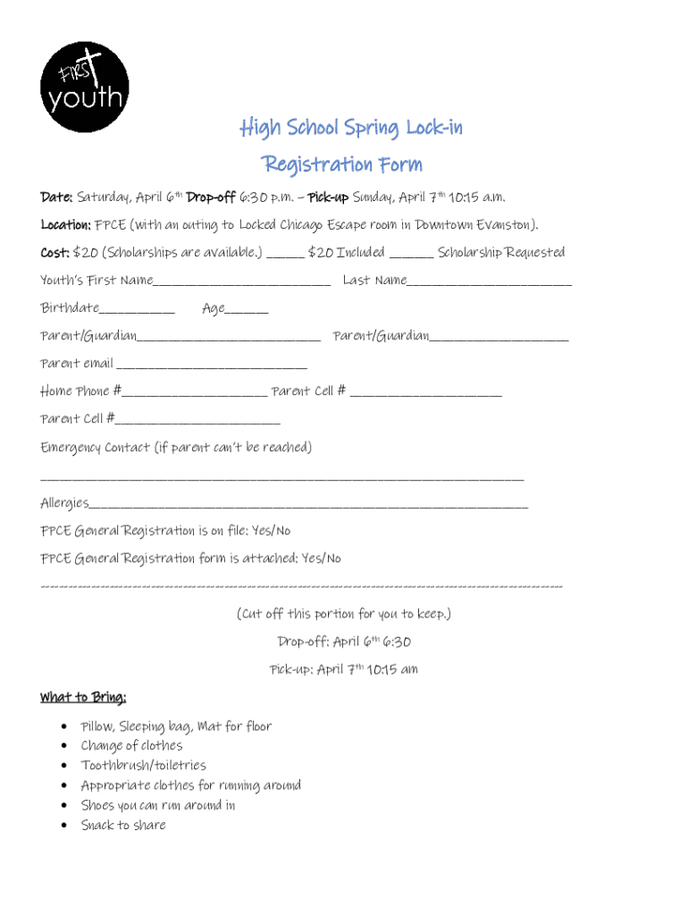 Fillable Online High School Spring Lock-in Registration Form Fax Email ...