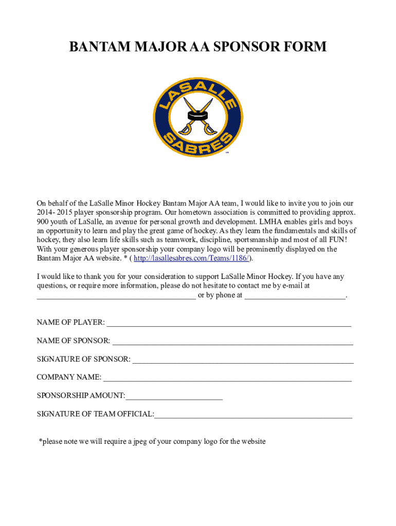 Fillable Online BANTAM MAJOR AA SPONSOR FORM Fax Email Print - pdfFiller