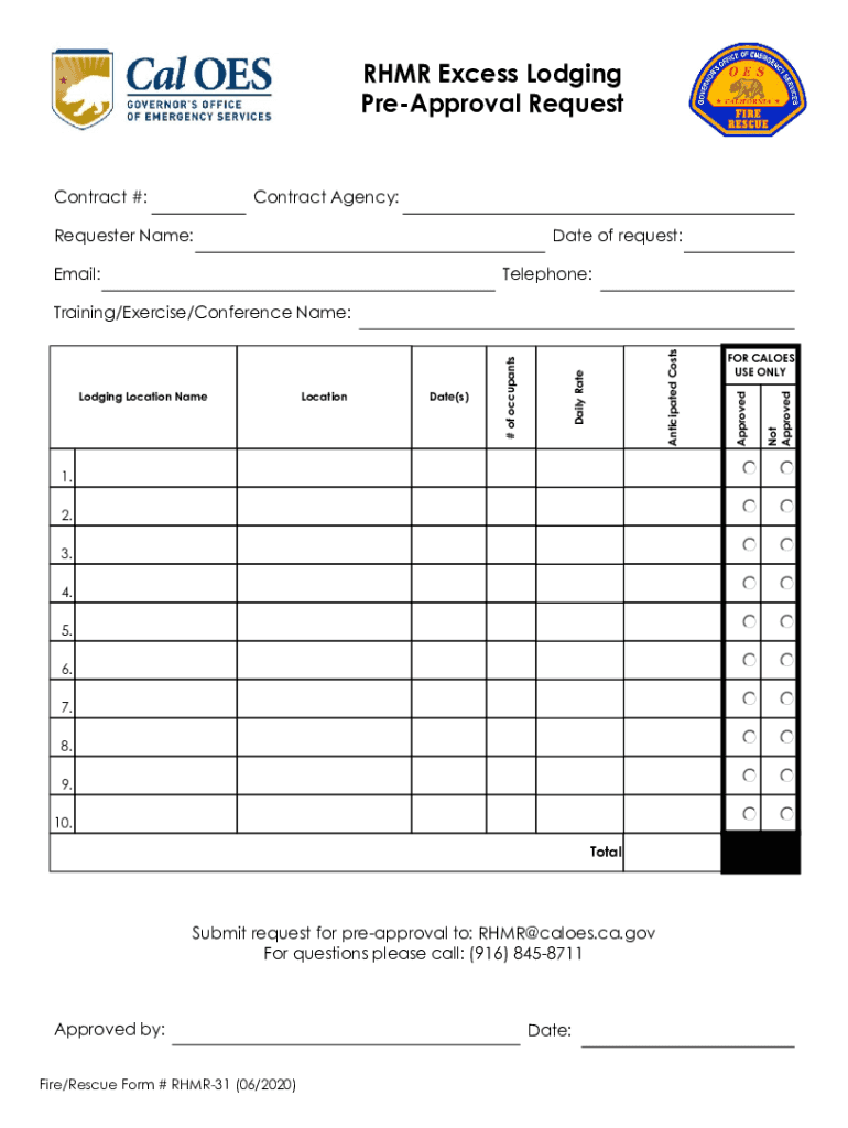 Fillable Online RHMR Excess Lodging Pre-Approval Request Form Fax Email ...