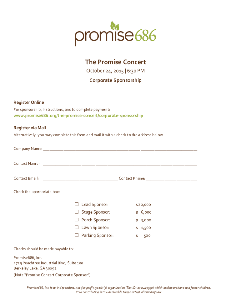 Fillable Online The Promise Concert-Corporate Sponsorship Registration ...