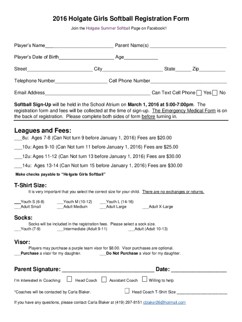 Fillable Online Get the free 2017 Holgate Girls Softball Registration ...