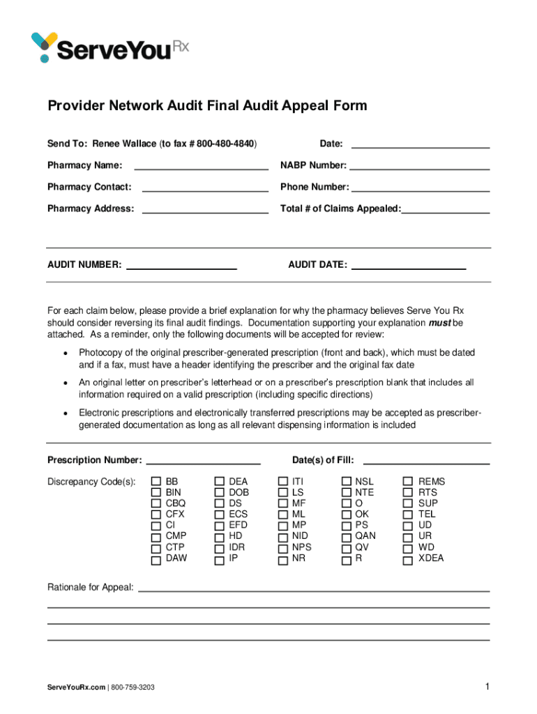 Fillable Online Provider Network Final Audit Appeal Form Fax Email ...