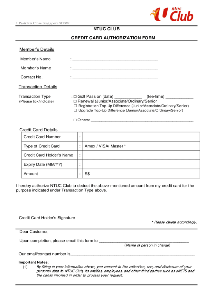 Fillable Online NTUC CLUB CREDIT CARD AUTHORIZATION FORM Fax Email ...