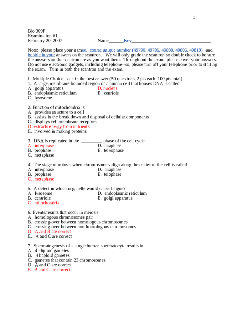 Bio 309 - Exam 1 study guide Flashcards Doc Template | pdfFiller