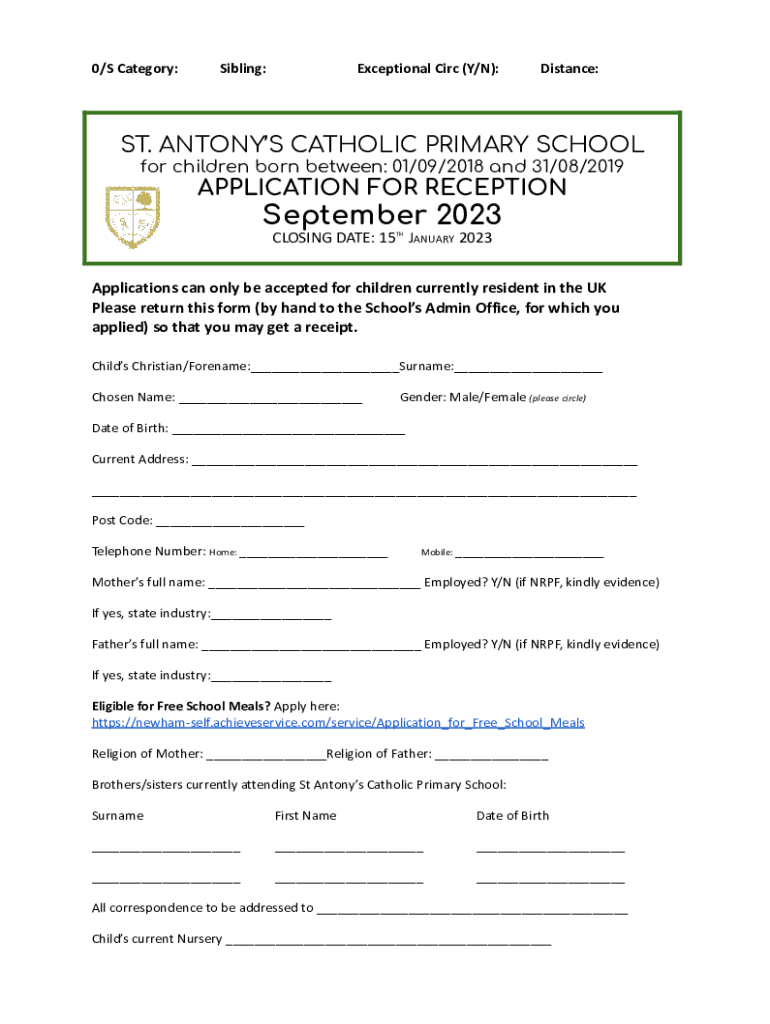Fillable Online Admissions - St Anthony's Catholic Primary School Fax Email Print - pdfFiller