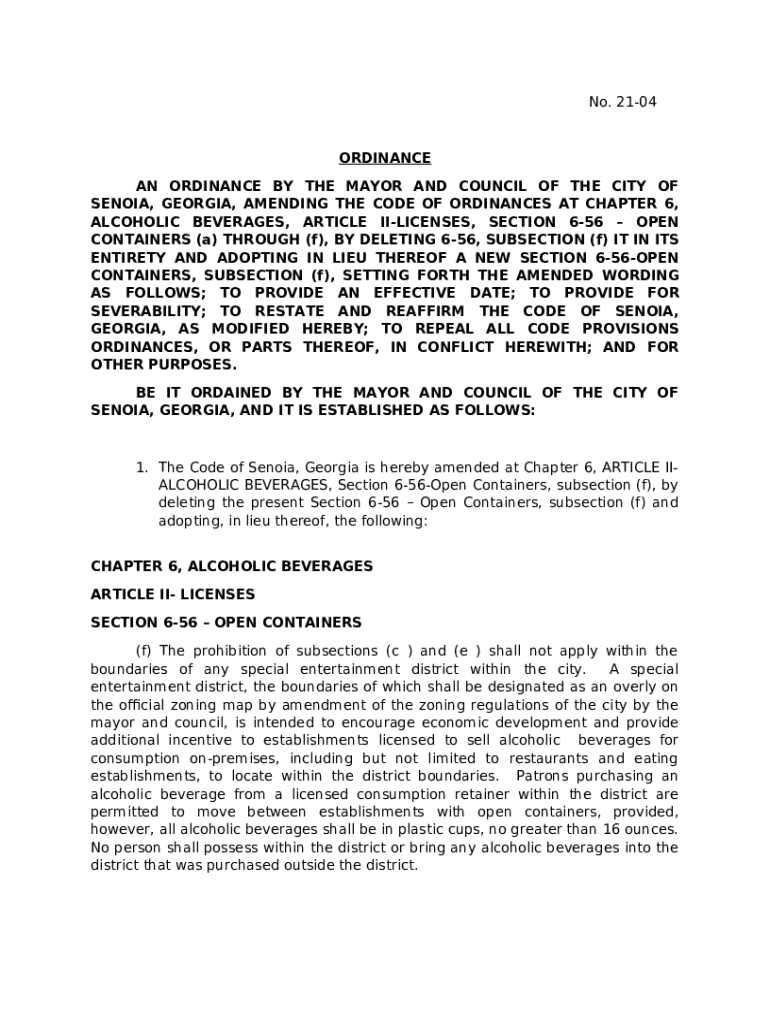 Ordinance No. 21-04Code of OrdinancesSenoia, GA Doc Template | pdfFiller