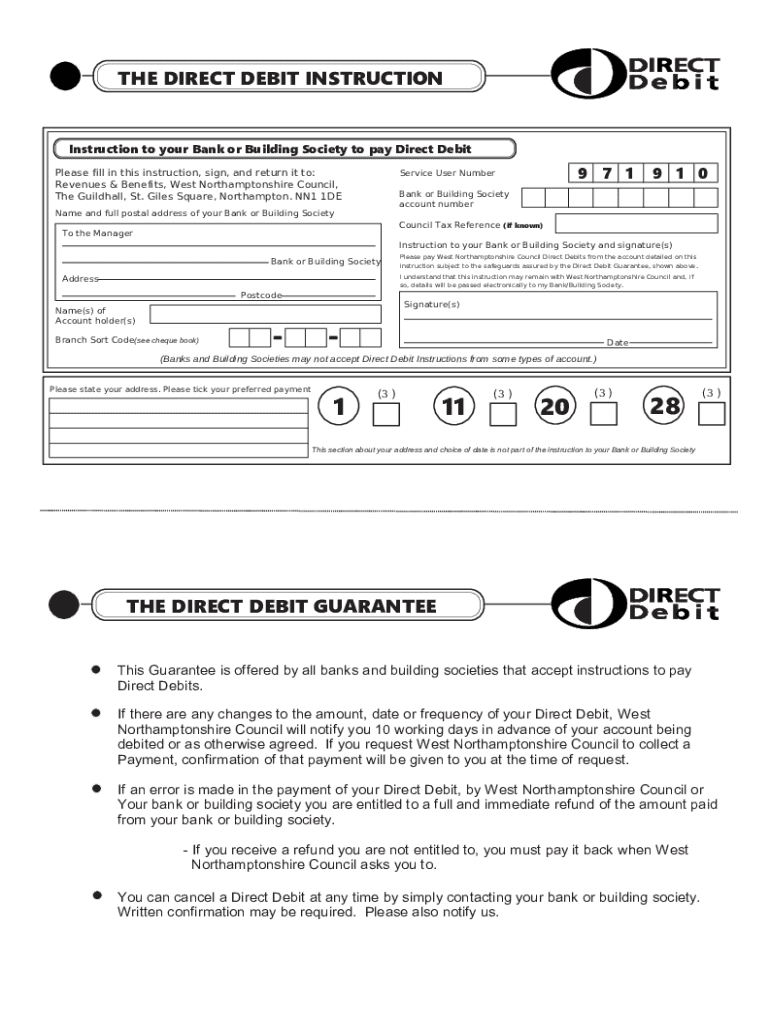 Fillable Online West Northamptonshire Council (Northampton Area) Direct Debit Form Fax Email ...
